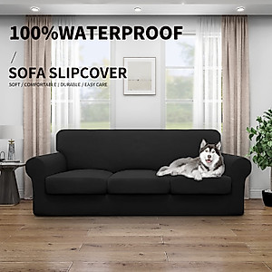 Easy-Going 100% Dual Waterproof Stretch Soft Couch Cover for Dogs, Sofa Slipcover for 3 Separate Cushion Couch Leakproof Furniture Protector for Kids, Pets Black