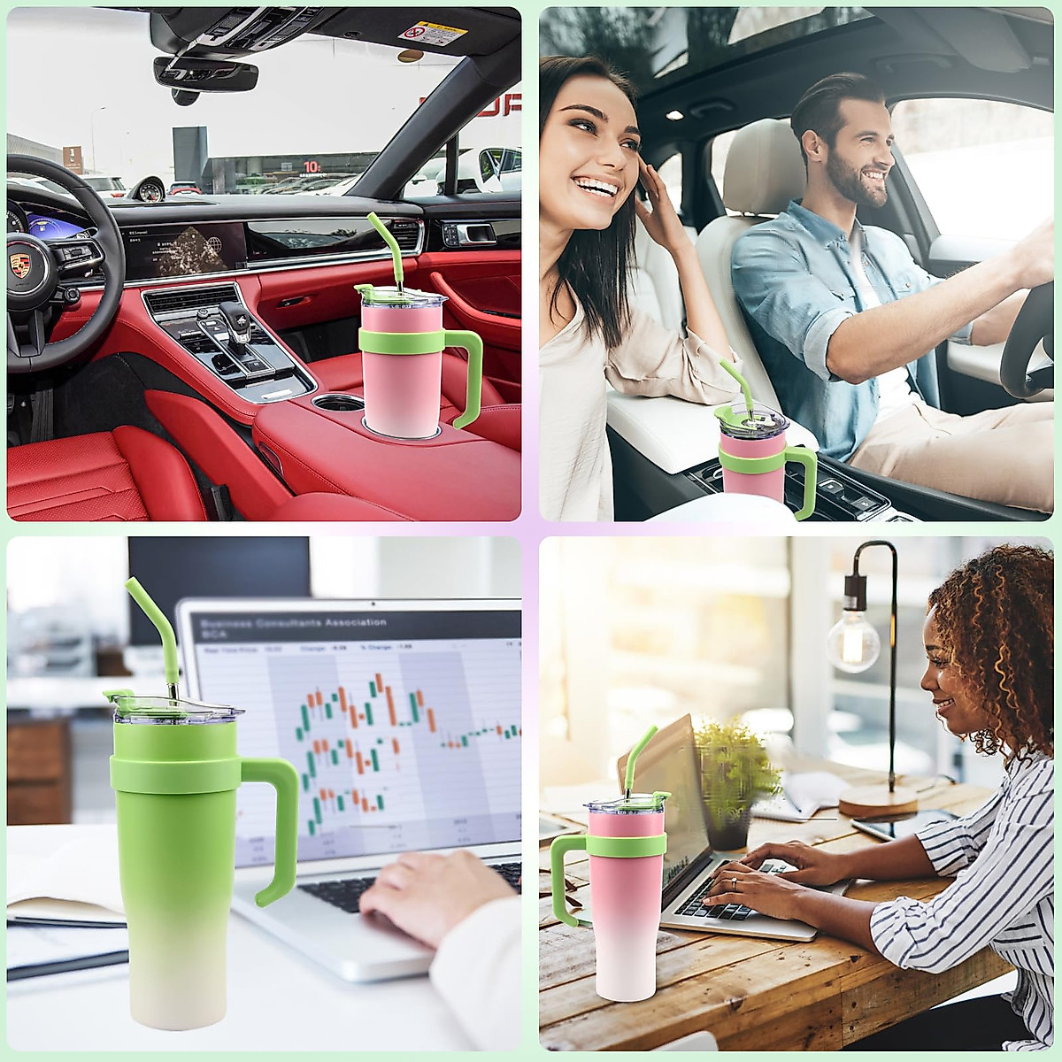 indoorset 40 oz Tumbler with Handle and Straw for Car Tumbler with Lid and Straw for Women Men Stainless Steel tumblers for Office Insulated Travel Coffee Mug Pink