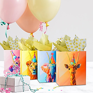 Purple Dino 13'' Large Birthday Gift Bag with Tissue Paper, Assorted Gift Bags for Kids, Happy Birthday Gift Bag for Girls and Boys, Gift Bag Set of 4