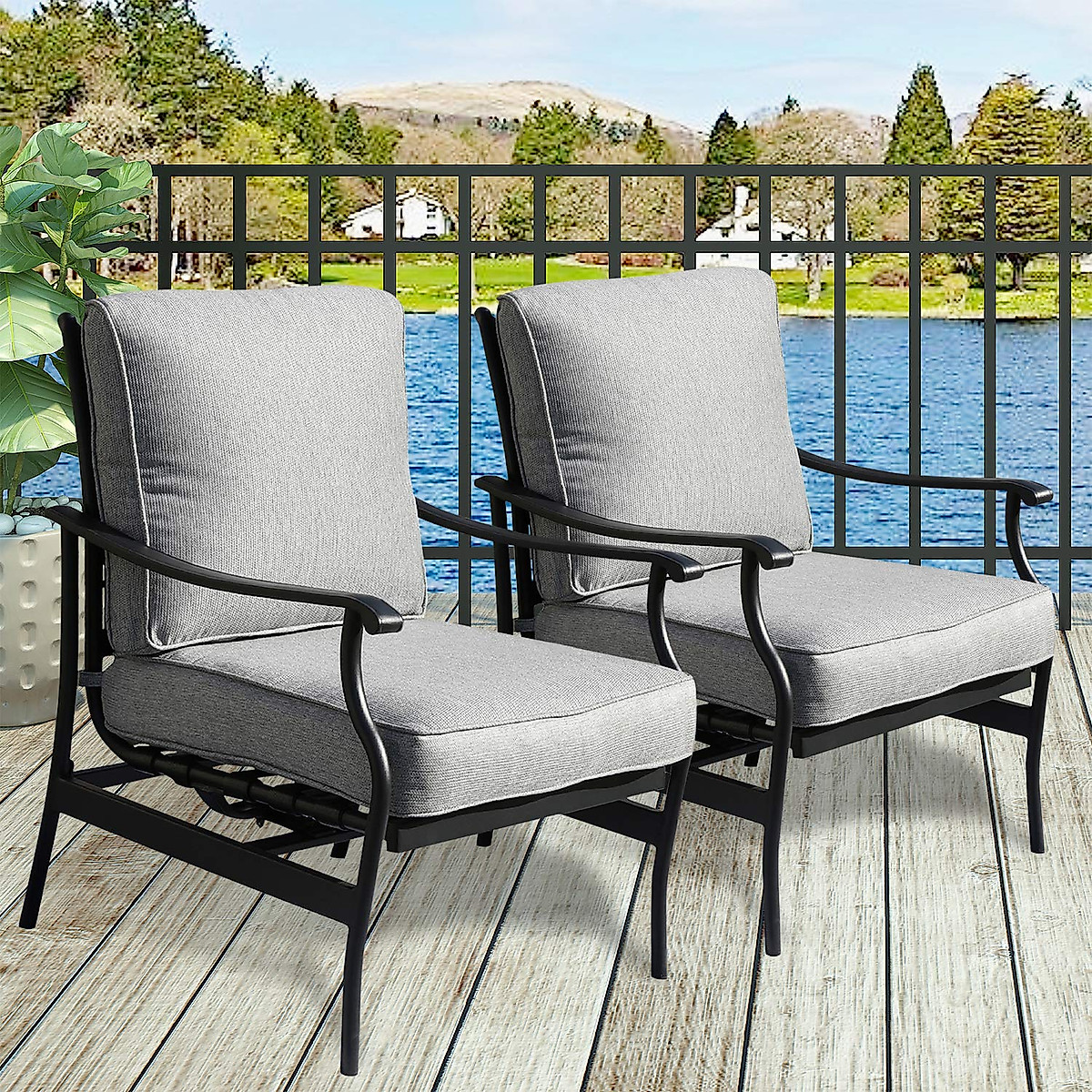 PatioFestival 2 PC Outdoor Padded Conversation Set,Patio Furniture Sets Modern Bistro Cushioned Rocking Sofa Chairs with 5.1 Inch Thick Seat Cushions,Grey