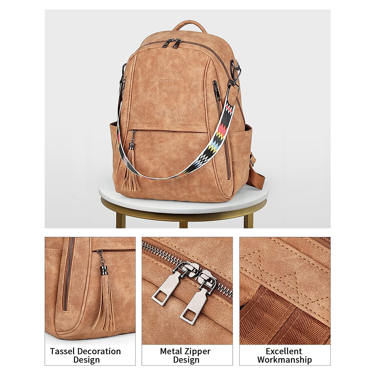 FADEON Leather Laptop Backpack Purse for Women Small Designer Laptop Bag,Multi-Pockets Travel Ladies Shoulder Bag Brown