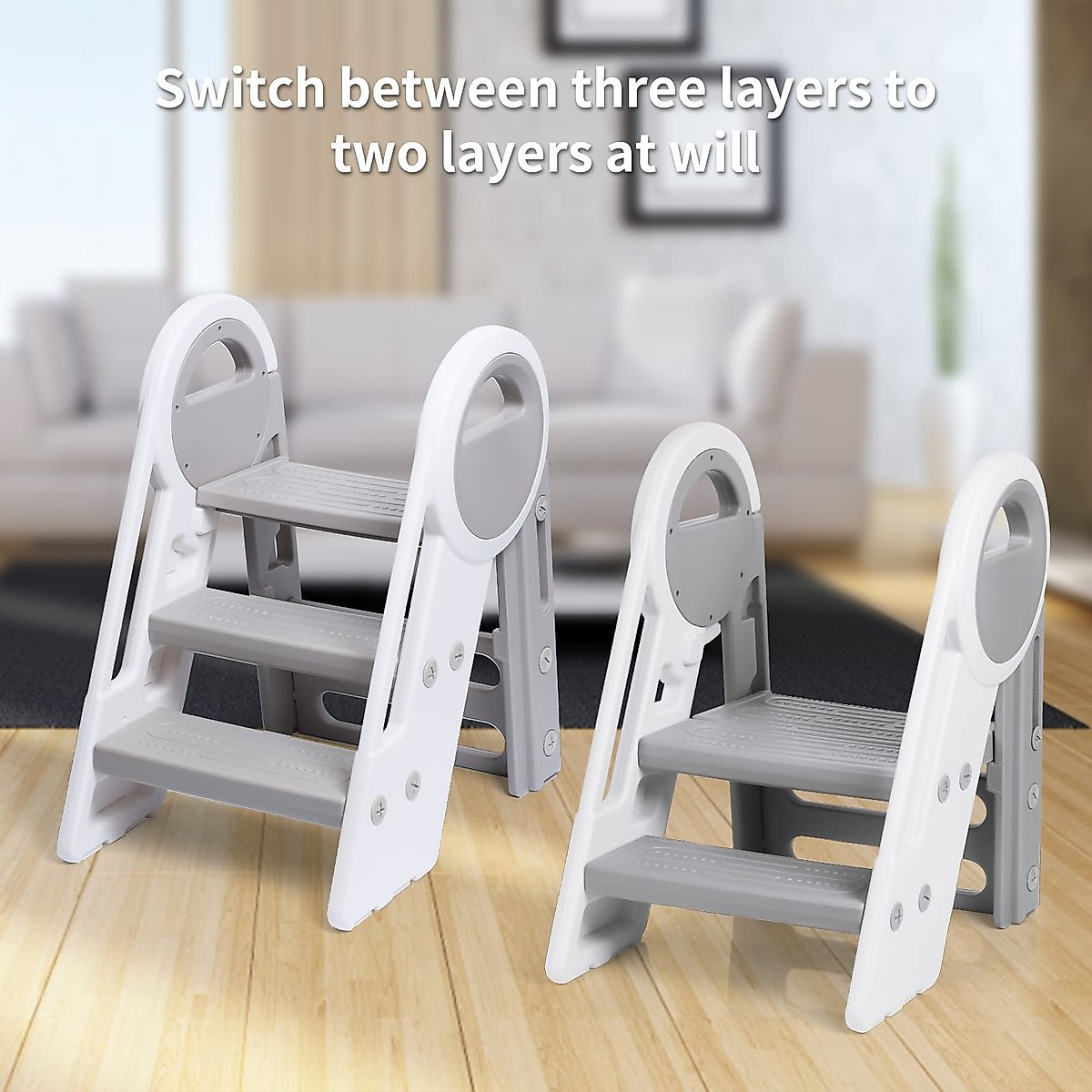 Step Ladder 3 Step Folding Toddler Step Stool for Kids Three Step Standing Tower for Kitchen Counter,Adjustable 3 Step Stools with Handles to 2 Step for Toilet Potty Training （Grey）