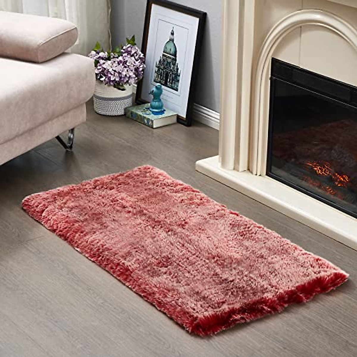 JONIYEAR Luxury Soft Fluffy Faux Fur Throw Area Rug for Bedroom 2' x 4', Small Decorative Fuzzy Bedside Rugs, Shaggy Plush Thick Floor Mat Carpet for Living Room Dorm Kids Room, Washable, Burgundy