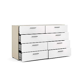 Levan Home 32" H x 55" W Contemporary Scandinavian Design Engineered Wood Double Bedroom Dresser with 8-Drawer and Silver Bar Handles, Suitable for Small Rooms, in Clean Oak/White High Gloss