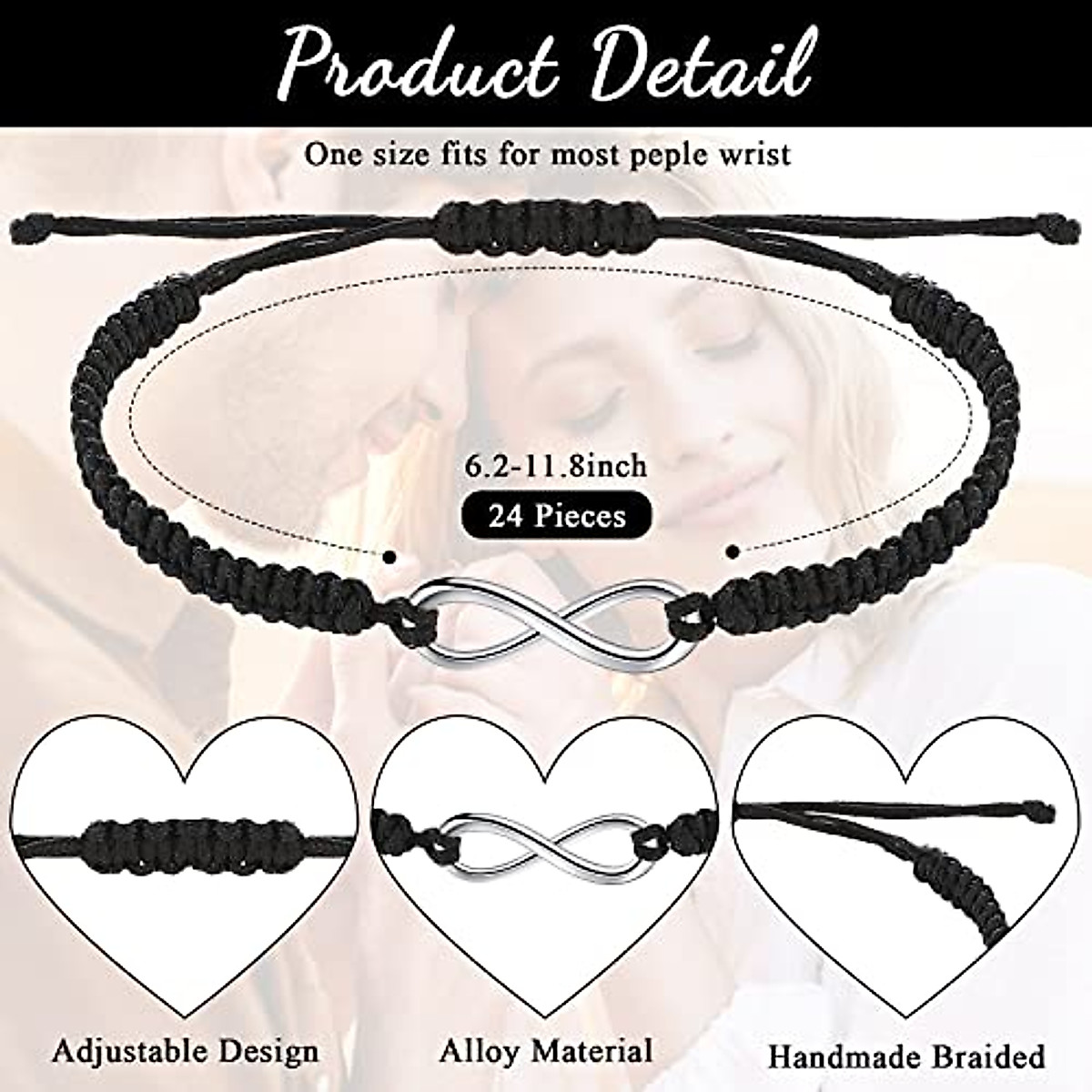 Sureio 24 Pcs Adjustable Matching Couples Bracelets Infinity Rope Bracelets Handmade Braided Friendship Bracelets (Black)