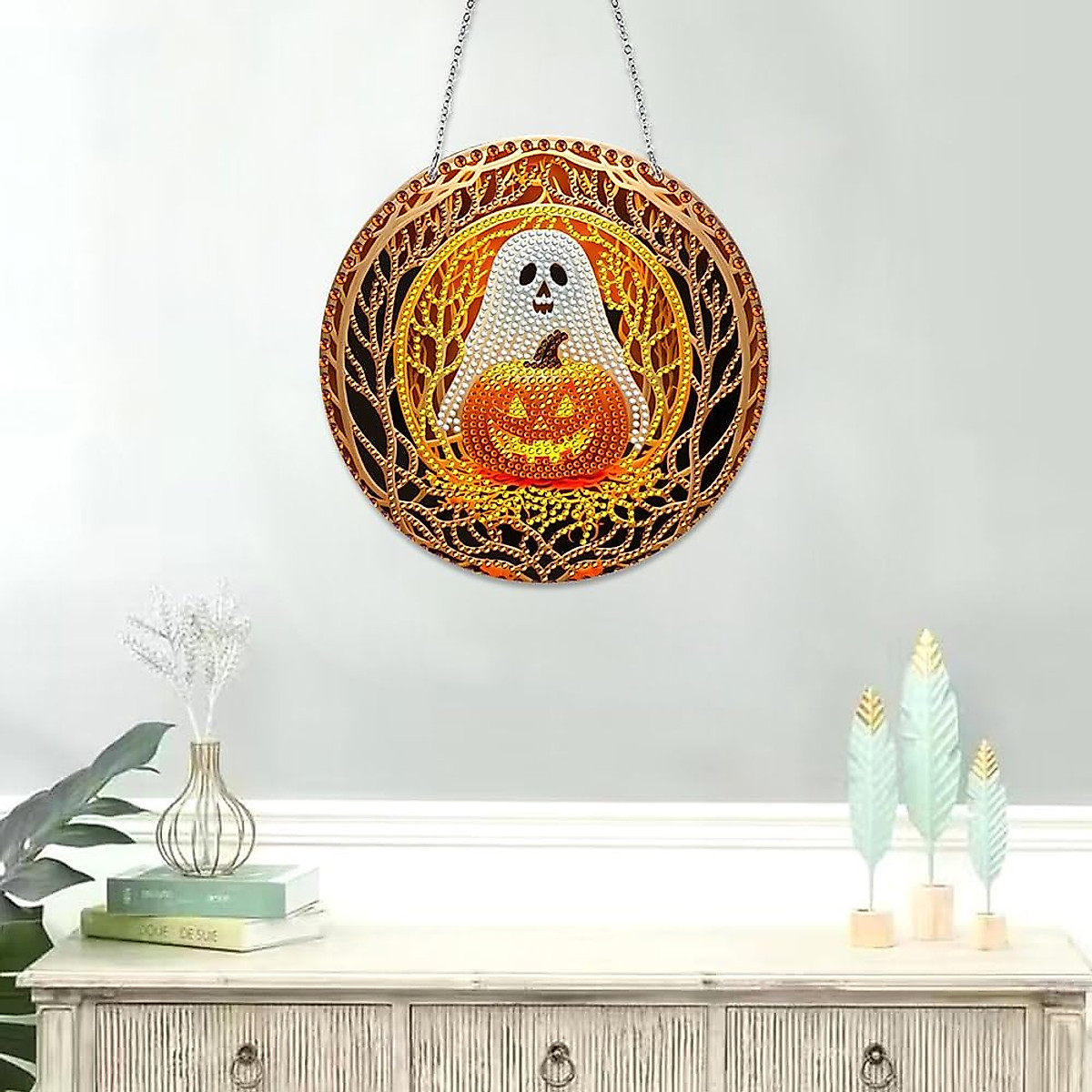 LUSandy DIY 5D Halloween Ghost Pumpkin Diamond Painting Kits Hanging Sign Wall Art Sign Pumpkin Diamond Art Suncatcher Window Hanging Ornament Window Pendants for Adults Home Garden Wall Door