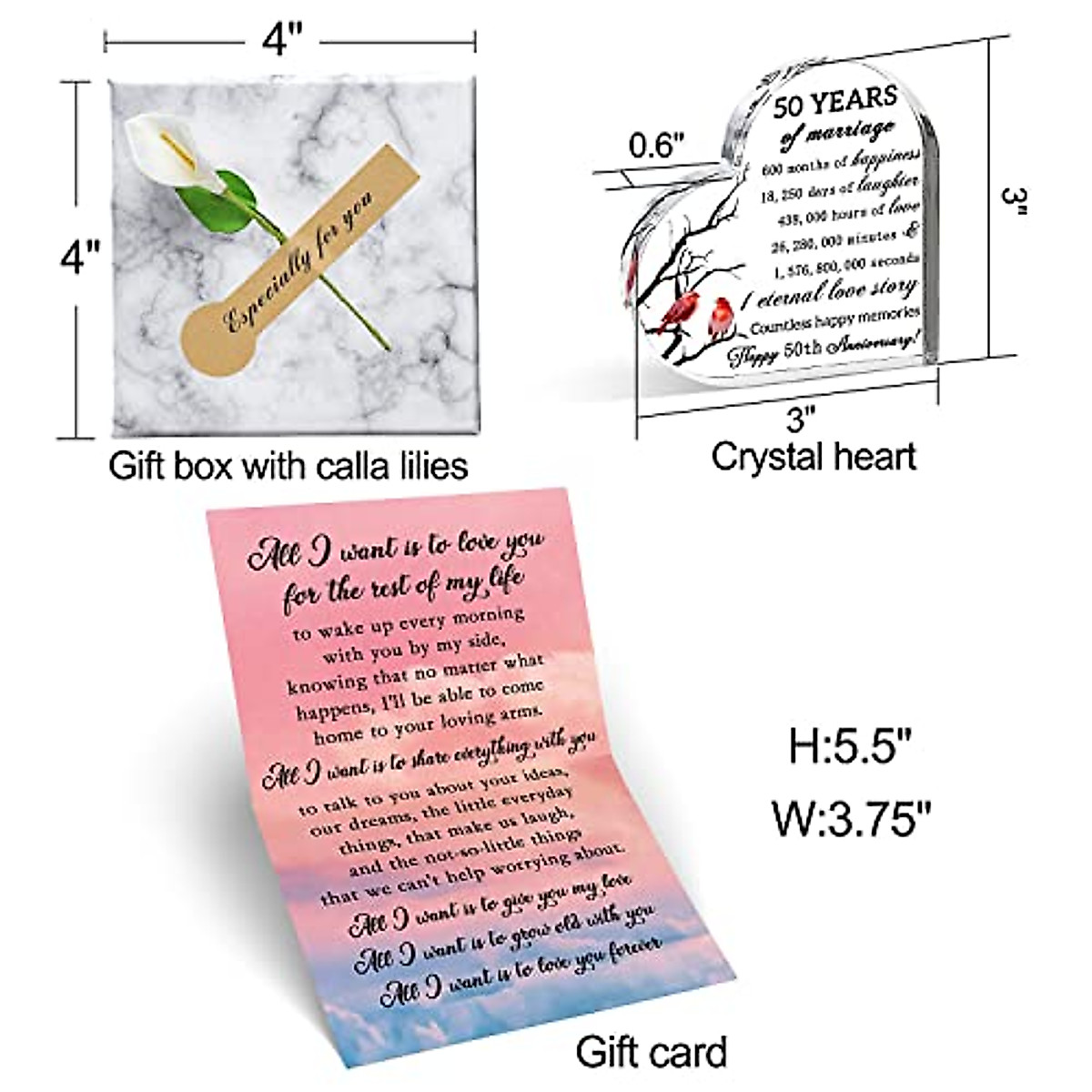 culivis 50th Anniversary for Wife Gifts from Husband Crystal Heart Decoration Happy Anniversary for Wife Parent Couple Women Mom 50 Anniversary Golden Wedding Gift Box with Card