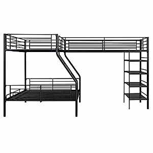 Cotoala L-Shaped Metal Twin Over Full Bunk Bed and Twin Size Loft Bed with 4 Shelves, Steel Bedroom Bedframe for Bedroom, Dorm, Adults, No Spring Box Required