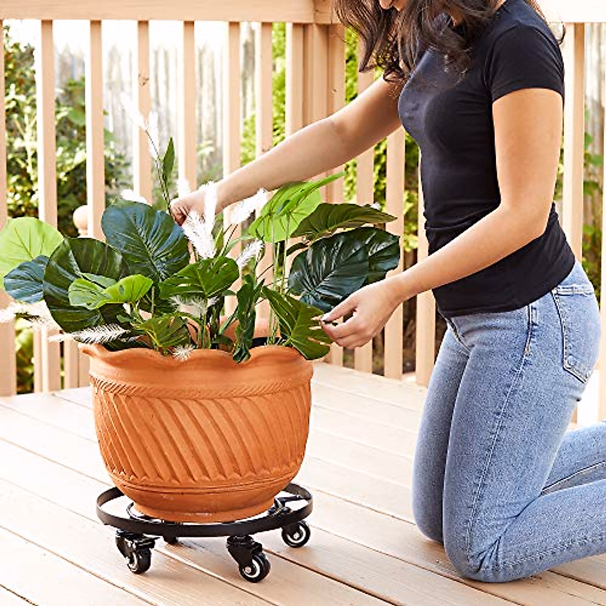 Patio Plant Trivet with Wheels | Outdoor Plant Stand with Wheels | Rolling Plant Stand with Casters Heavy Duty (44lbs Capacity) | Plant Dolly with Wheels | Modern Plant Stand Caddy (Set 2)