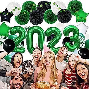 MEIWUTIE Graduation Party Decorations 2023 Green and Black, New Year Eve Party Supplies Green and Black Flower Pom Poms Latex Fiol Balloons 2023 Banner for Graduation Decorations Birthday Anniversary