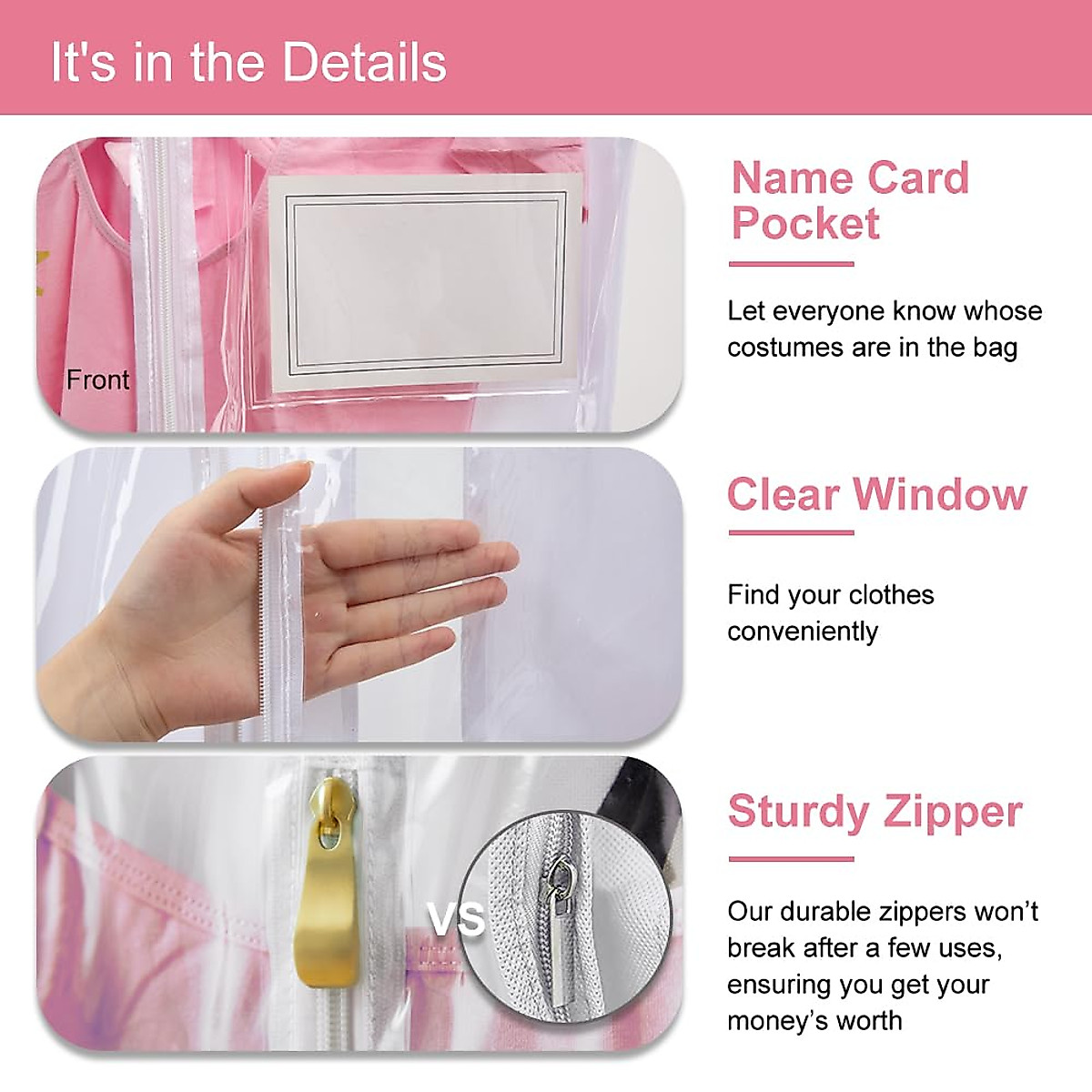 Elite Dance Gear 35" Clear Garment Bag With 3 Zipper Pockets for Suits Dress Cover, Travel & Competitions Protector, Dance Costumes, Girls Dress Recital Outfit Organizer, 3 packs, White