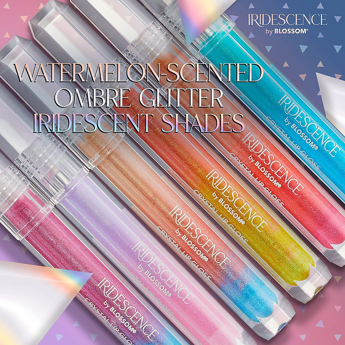 Blossom Iridescence Watermelon Flavored, Longlasting High Gloss, Glitter Shimmer Crystal Lip Gloss + Zodiac Sign Vanilla Scented Roll On Lip Gloss with Crystals, 2 Pack Bundle, Tourmaline Dream/Virgo