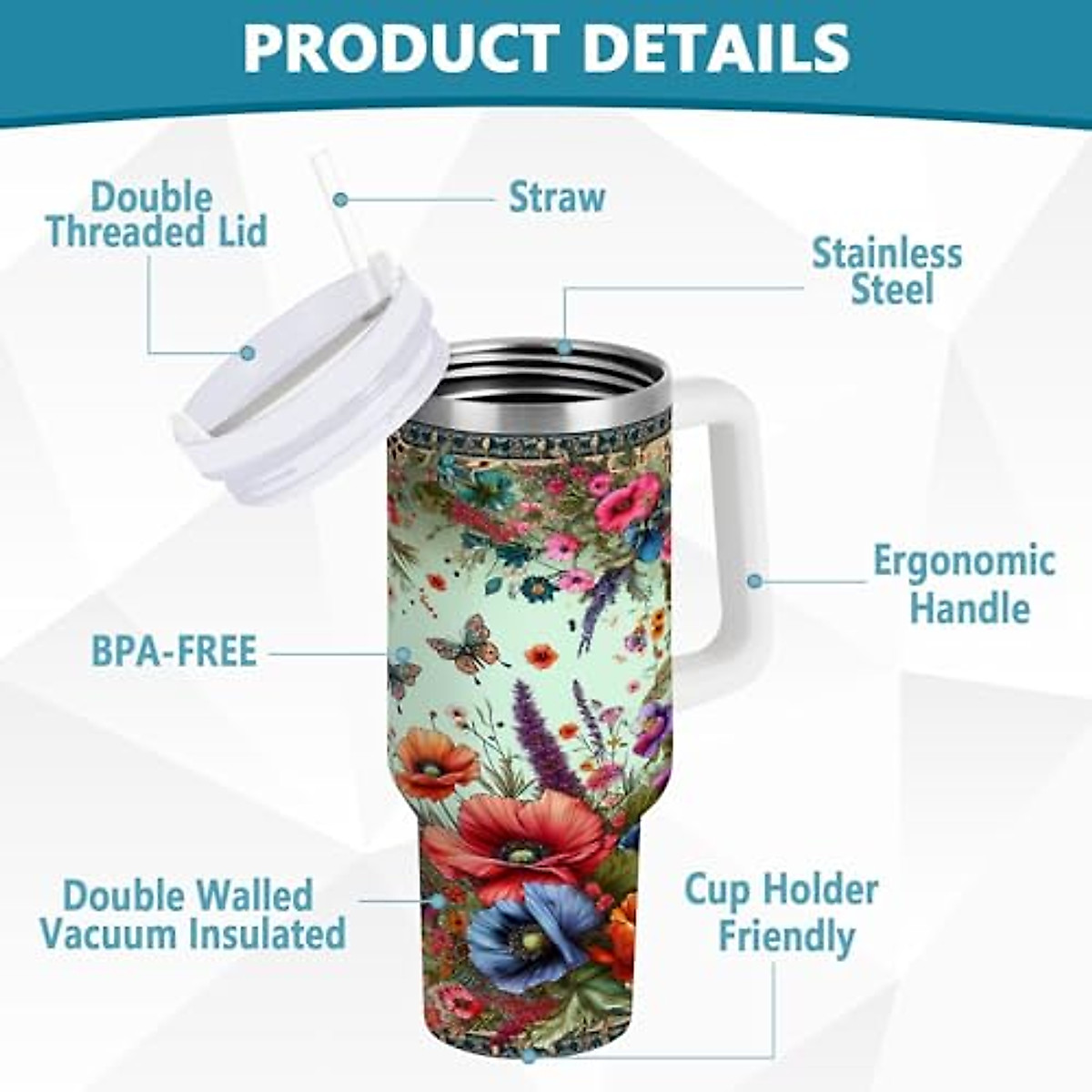 Maunzc 30 oz Tumbler with Handle and Straw, Insulated Stainless Steel Travel Mug with Lid for Coffee, Iced Tea, Water, Gift for Men Women (Butterflies and Herbs)