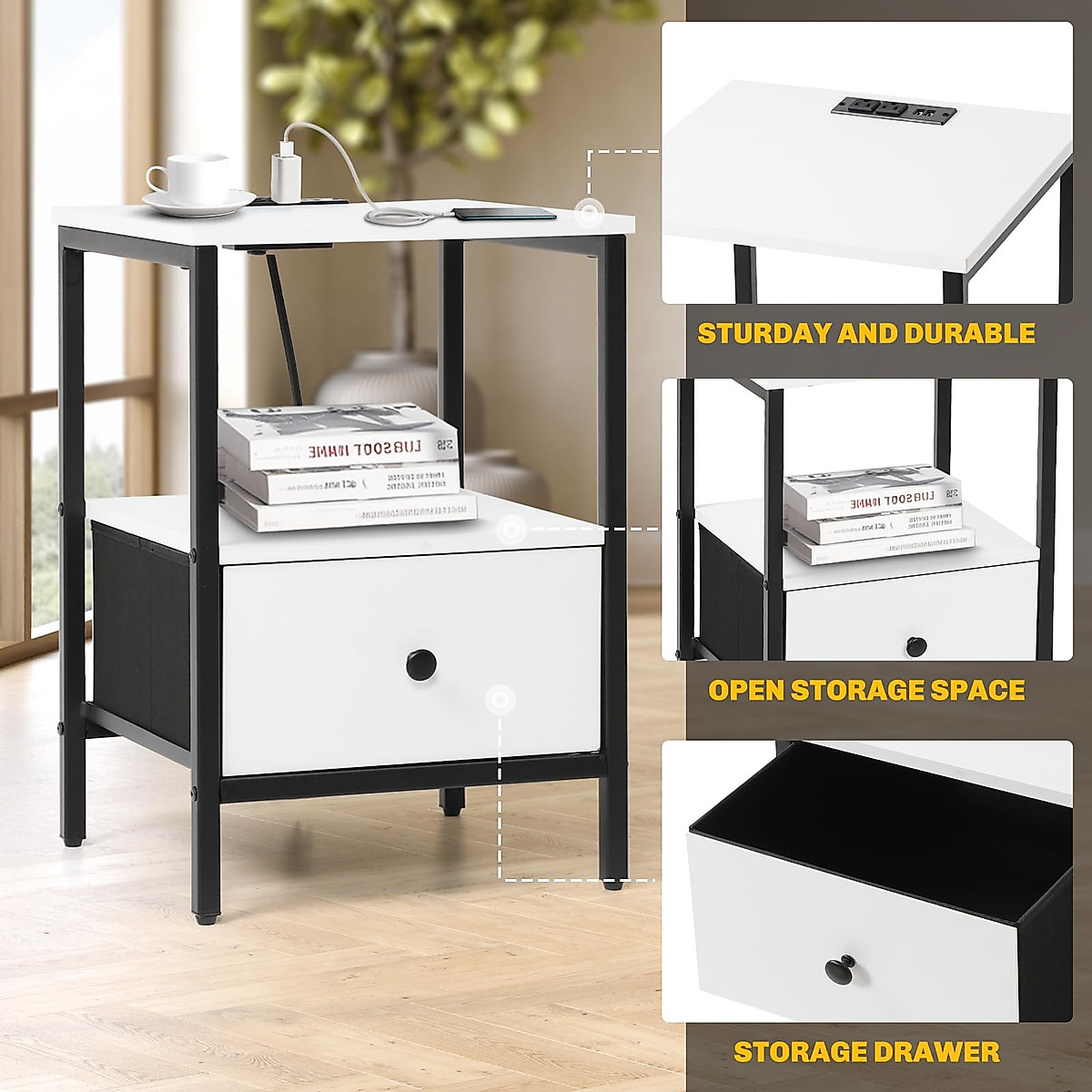 GORZING Nightstand with Charging Station, Small End Table, Narrow Side Table with Drawer, Rustic Bedside Tables for Bedroom, Living Room, White