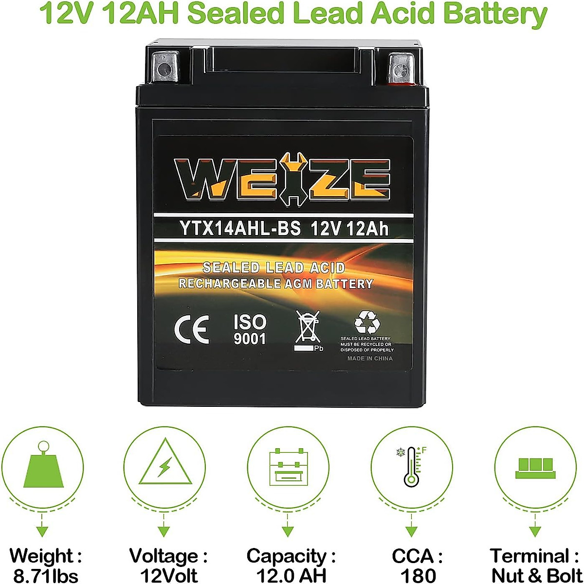Weize YTX14AHL-BS High Performance - Rechargeable - Sealed Motorcycle Battery Compatible With Polaris Scrambler, Sportsman 90, Honda Scooters NQ50 Spree,Kawasaki 110 KLX110 Blue