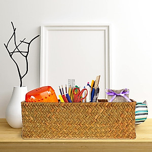 Seagrass Storage Basket 3 Divided Handmade Wicker Basket Organizer Tea Bag Sugar Packet Holder for Coffee Pods Snack Bathroom Paper Coffee