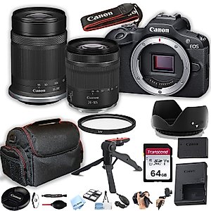 Canon EOS R100 Mirrorless Camera with 24-105mm Lens + 55-210mm Lens + 64GB Memory Card, Case, Hood, Grip-Pod, Filter Professional Photo Bundle (Renewed)