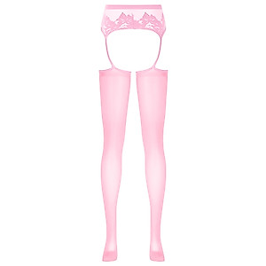 MSemis Women's Oil Silk Sheer Pantyhose Hollow Out Suspender Legging Tights Thigh High Stockings Hosiery Pink Garter One Size