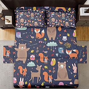 Pinbeam 4 Pcs Fitted Sheet Set Queen Size with 16" Deep Pocket, Animal Cute Autumn Bedding Set with Pillowcases for Kids and Adults, Bear Woodland Rabbit Flat Bed Sheet Set