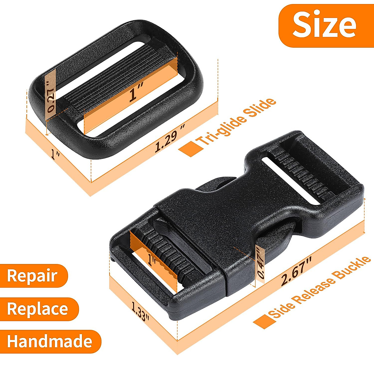 Buckles Strap 1 Inch: Nylon Webbing Straps 6 Yards, Quick Side Release Plastic Buckle Dual Adjustable 6 Pack, Tri-Glide Slide Clip 12 PCS, Metal D Rings 6 PCS, Heavy Duty, Black