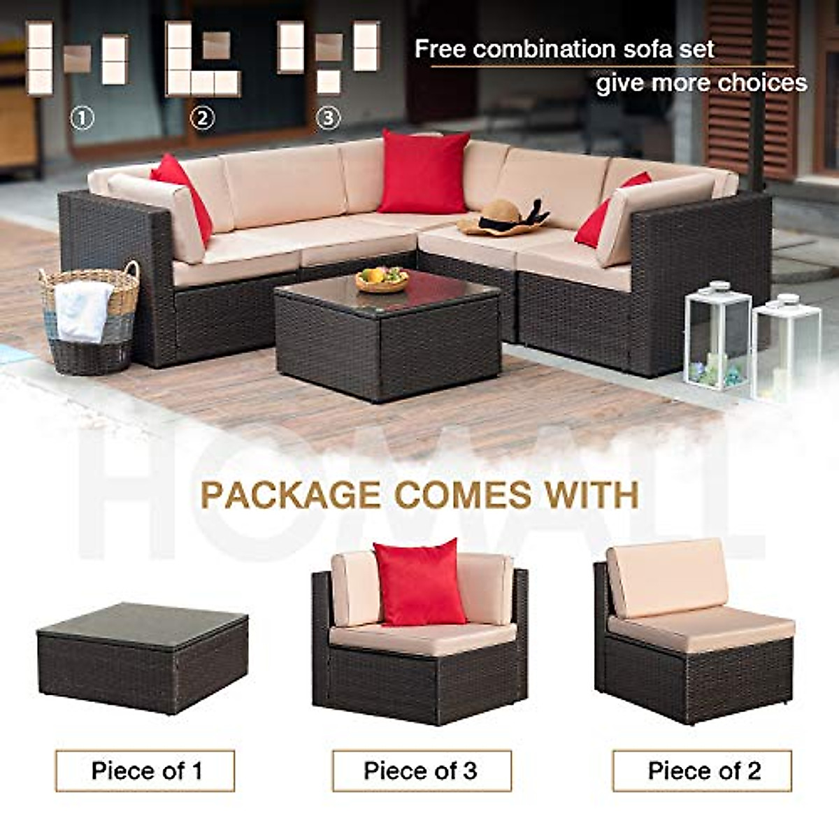 Homall 6 Pieces Furniture Outdoor Sectional Sofa All Weather PE Rattan Patio Conversation Set Manual Wicker Couch with Cushions and Glass Table, Beige
