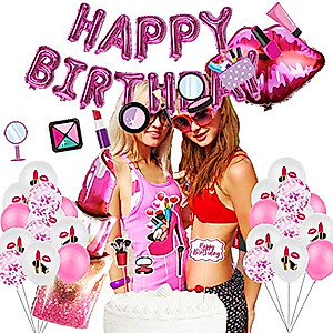 SPA Makeup Party Supplies with Spa Latex Balloon,Lipstick Foil Balloons,Happy Birthday Balloons Banner,Make Up Garland Banner Cake Toppers for Kids Nail Girl Theme,Salon,Spa Birthday Party Decorations