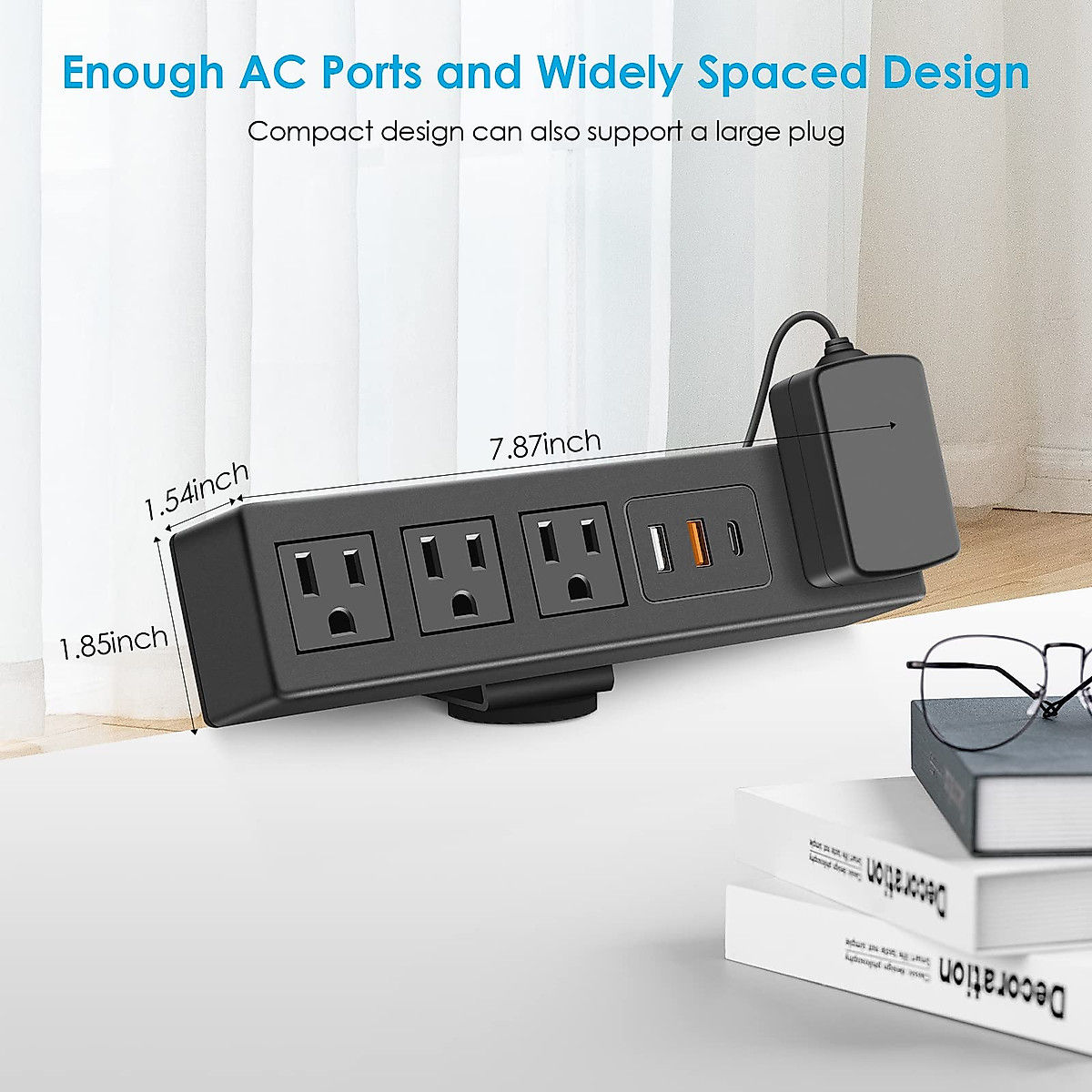 CCCEI Desk Clamp Power Strip with USB-A and USB-C Ports, Desktop Mount Surge Protector 1200J, Widely Spaced Desk Outlet Station, Fast Charging, 6 FT Flat Plug, Fit 1.9 inch Tabletop Edge. (Black)