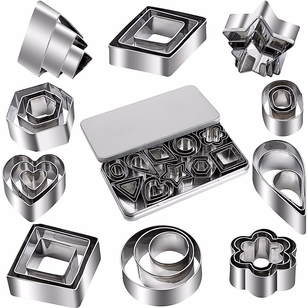 Mini Cookie Cutter Set, 30 Tiny Stainless Steel Cookie Stamps of Rectangle Square Heart Star Triangle Round Tiny Circle for Out Pastry Dough, Pie Crust & Fruit, Fondant