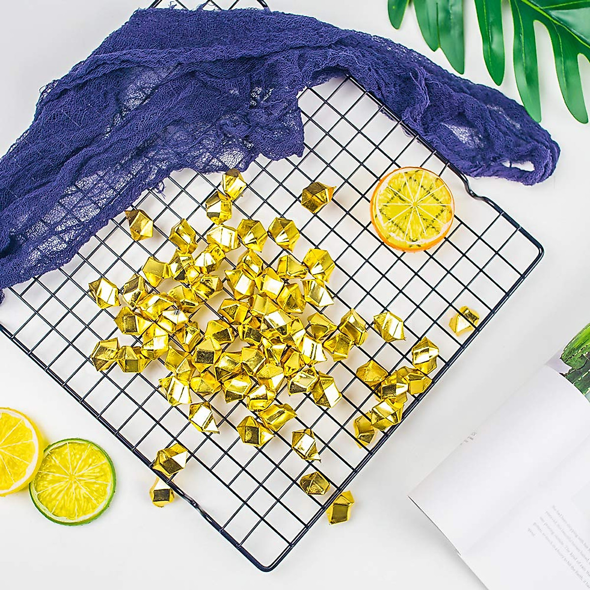 DomeStar 150PCS Fake Gold Ice, Gold Acrylic Ice Fake Plastic Gold Nuggets Gold Rocks Gems Marble Vases Fillers for St. Patrick’s Table Scatter Decoration