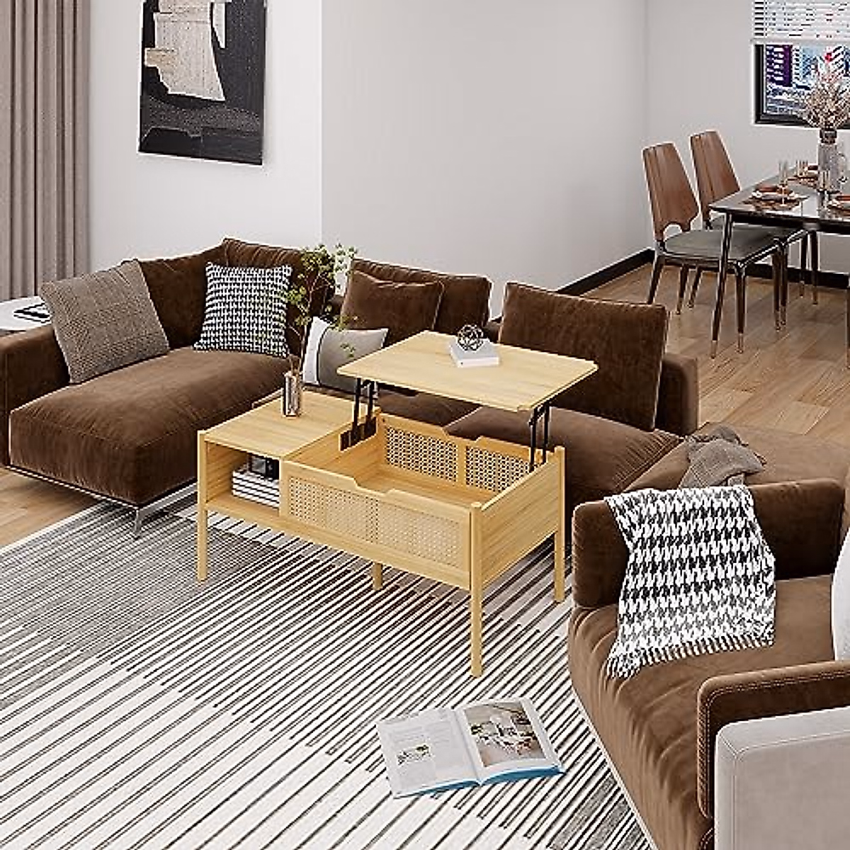 Rattan Lift Top Coffee Table, Wood Lifting Top Central Table with Hidden Compartment, 40 Inch Lift Tabletop Tea Table Cocktail Table Modern Pop up Adjustable Table for Home Living Room, Office