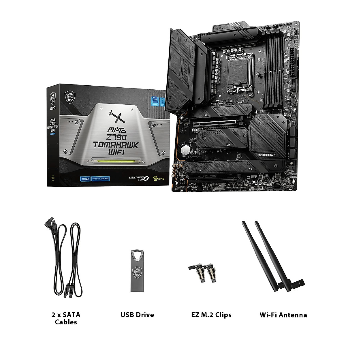 MSI MAG Z790 Tomahawk WiFi Motherboard ATX - Supports Intel Core 12/13th Gen Processors, LGA 1700, DDR5 Boost (7200+MHz/OC), 1 x PCIe 5.0 x16, 1 x PCIe 4.0 x16, 5 x M.2 Gen4, 2.5Gbps LAN, Wi-Fi 6E