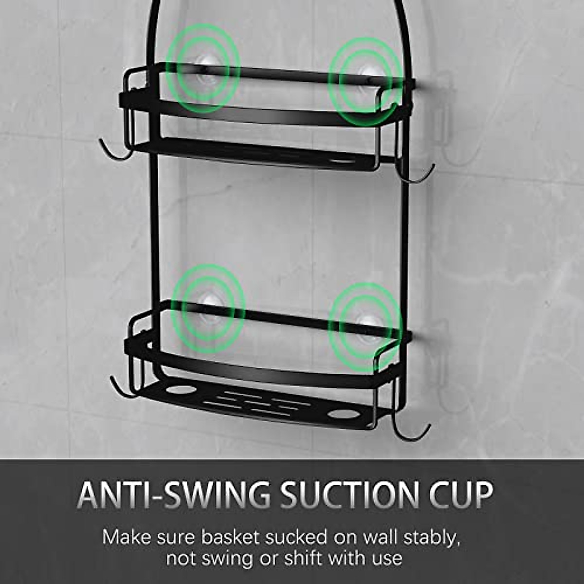 Kadolina Shower Caddy Over Shower Head, Bathroom Hanging Shower Organizer Holder Storage for Shampoo, Shower Storage Rack with Hooks for Razor and Sponge (Black)