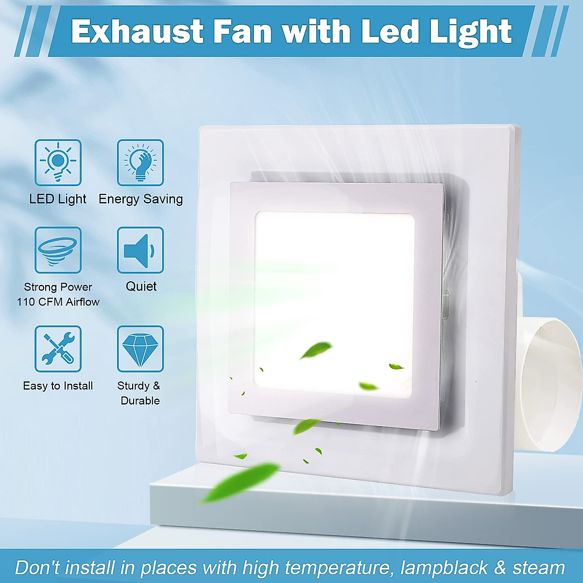 Bathroom Exhaust Fan with LED Light Ceiling Mount Ventilation Fan, 110 CFM 1.0 Sones 4 Inch Duct, Quiet Square Bathroom Fan Light Combo