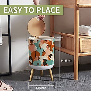 Small Trash Can with Lid Crowd of Young and Elderly Men and Women in Trendy Hipster Clothes Wood Legs Press Cover Garbage Bin Round Simple Human Waste Bin Wastebasket for Kitchen Bathroom Office