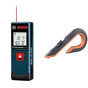 BOSCH GLM20 Blaze 65ft Laser Distance Measure with Real Time Measuring,Blue | Slice - 10400 Box Cutter, 3 Position Manual Button with Ceramic Blade, Locking Blade