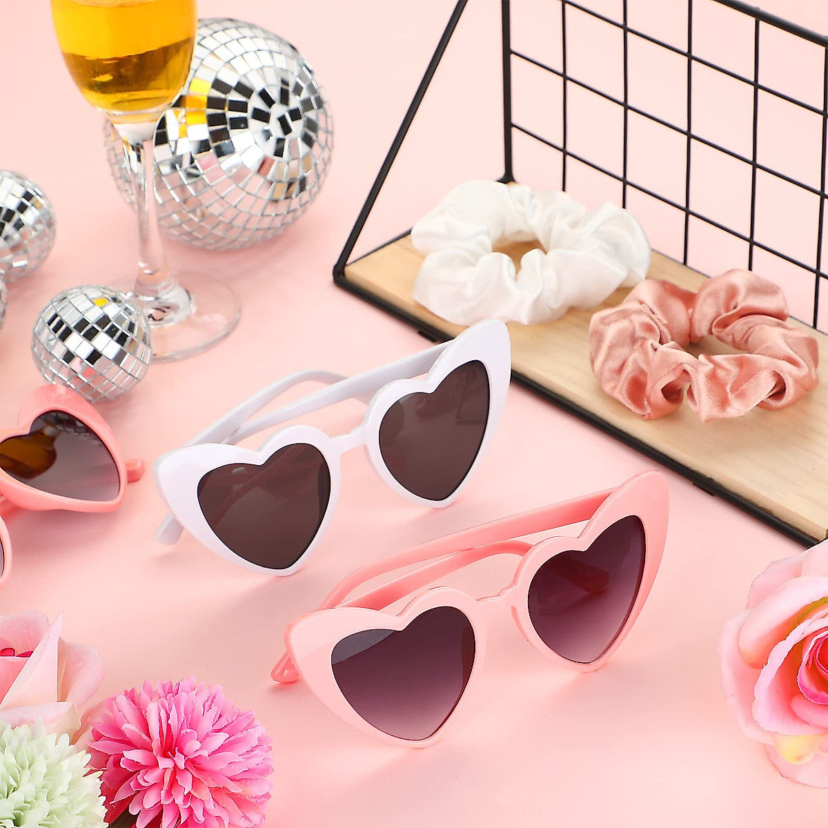 Flutesan 7 Bachelorette Sunglasses Heart Shaped 7 Satin Bridesmaid Scrunchies Party Favors Hair Ties for Women Wedding Bridal Shower Gifts Proposal (Rose Gold)