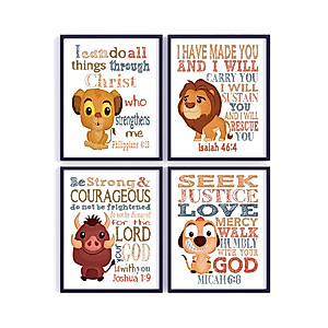 Lion King Christian Nursery Decor Set of 4 Unframed Prints - Mufasa, Pumba, Simba and Timon with Bible Verses