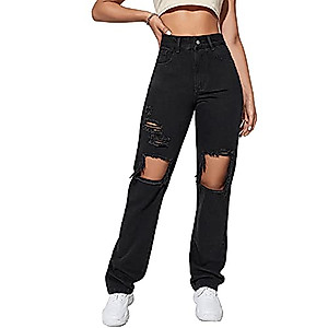 SweatyRocks Women's Casual Loose Ripped Denim Pants Distressed Wide Leg Jeans Black XL