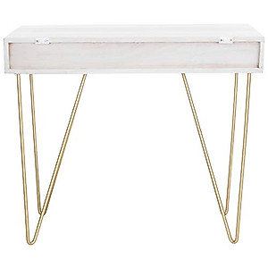 Safavieh Home Office Collection Raveena White Wash and Brass 1-Drawer Hairpin Leg Desk, 0