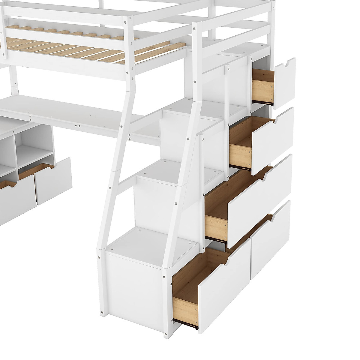 Harper & Bright Designs Twin Size Loft Bed with 5-Drawers Storage Stairway, Built-in Desk with Cabinet, 2 Drawers and Shelves, Full Length Guardrail Twin Loft Bed Frame, White