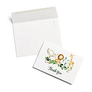 25 Safari Thank You Cards With Envelopes (Thick Card Stock) Baby Shower, Jungle Greenery Large Size 4x6 Zoo Animal Giraffe Lion Elephant Gratitude For Party, Girl Boy Children Birthday Stationery