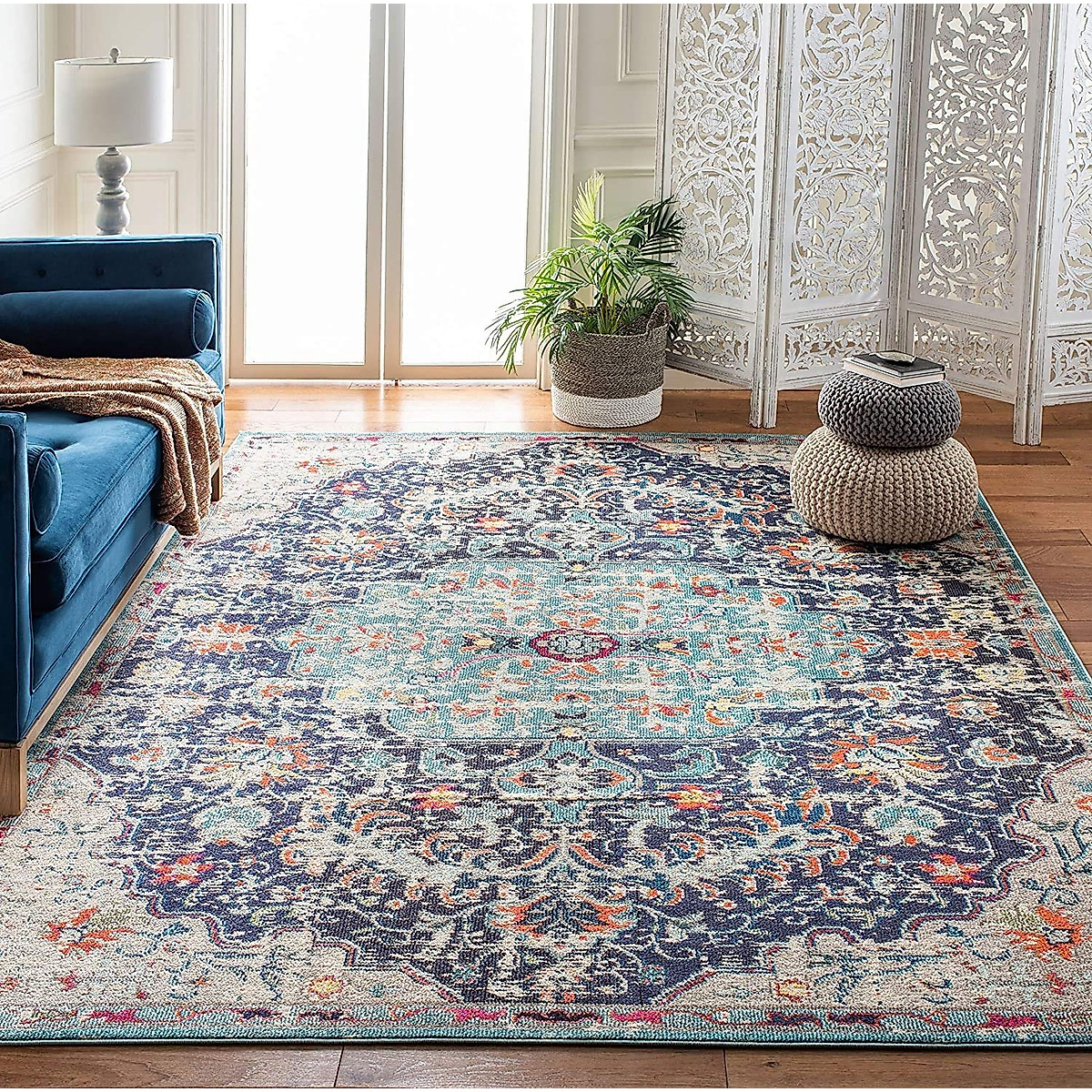 SAFAVIEH Madison Collection Area Rug - 5'3" x 7'6", Black & Teal, Boho Chic Medallion Distressed Design, Non-Shedding & Easy Care, Ideal for High Traffic Areas in Living Room, Bedroom (MAD447Z)