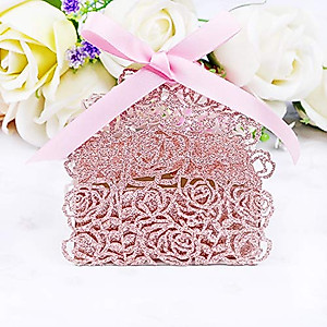PONATIA 50 PCS Laser Cut Rose Gold Glitter Boxes with Pink Ribbons Wedding Party Favor, Wedding Gift Bags Chocolate Candy and Gift Boxes(Rose Gold Glitter)