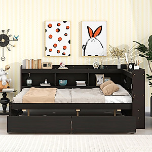 Full Size Platform Bed with L-Shaped Storage Shelfs and Bookcases, Pine Wood Day Bed with 2 Storage Drawers for Boys Girls Teens Adults/Living Room/Bedroom (Espresso)