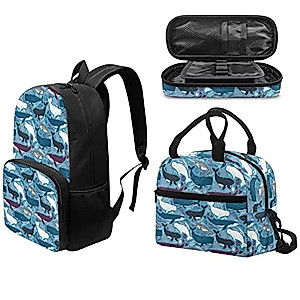 Renewold Blue Whale Print 3 Pack Kids Backpack Set Primary Middle Student School Book Bag Kids Teens Boys Girls Schoolbag with Lunch Box Pencil Case Set Lightweight