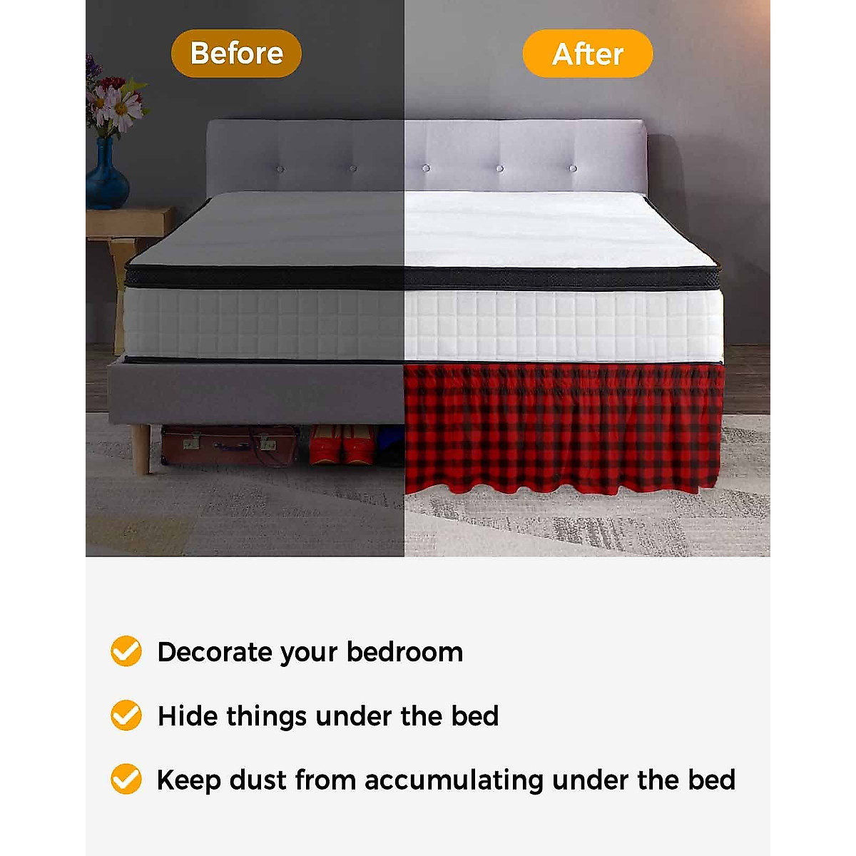 Red Black Plaid Bed Skirt Queen Size 16 Inch Drop, Adjustable & Elastic Wrap Around Bed Skirts Pleated Luxury Dust Ruffles for Twin Full Queen Cal King Base Bed, Christmas Farmhouse Rustic Checkered