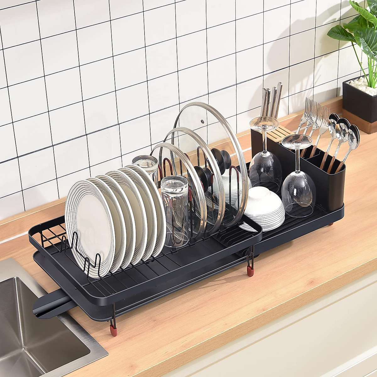TOOLF Expandable Dish Drying Rack, Large Capacity Dish Drainer with Drainboard, Dish Rack for Kitchen, Anti-Rust Plate Rack with Glass Holder and Utensil Holder.