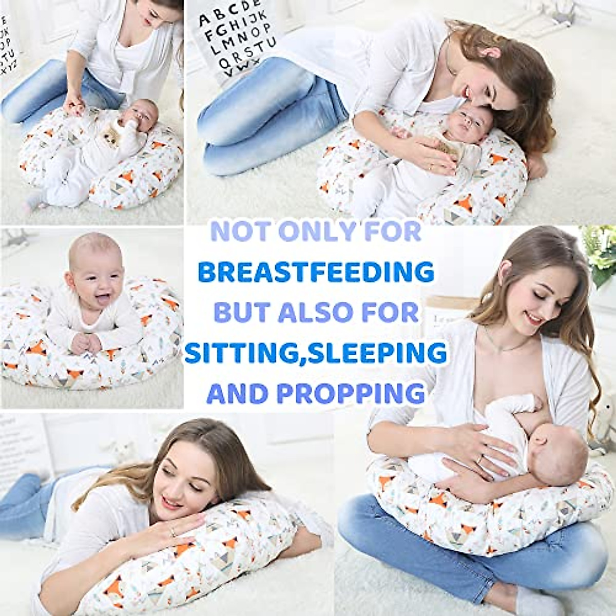 LAT Nursing Pillow and Positioner,Best for Mom Breastfeeding Pillow,100% Cotton Soft Fits Snug On Infant (Giraffe & Elephant)