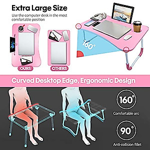 KPX Portable Laptop Bed Table, Fordable Lap Desk with Cup Slot & Notebook Stand Breakfast Bed Trays for Eating and Laptops Book Holder Lap Desk for Floor,Couch, Sofa, Bed, Terrace, Balcony (Pink)