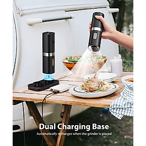 Electric Salt and Pepper Grinder Set, COSYAIREY 𝟮𝟬𝟮𝟯 𝙉𝙚𝙬 Rechargeable Salt and Pepper Mill with Charging Base, White LED Light, One Hand Automatic Operation, Adjustable Coarseness, Black, 2Pack